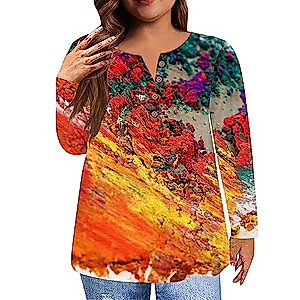 Tunic Plus Size Tops for Women Long Sleeve Henley Neck Graphic Button Down Shirts Fall Tie Dye Gradient Graphic Vintage Blouses for Women Business Casual Winter Oversized Plus Size Sweatshirts Red 3X