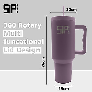 SIP SPHERE Tumbler 40oz Insulated Travel Mug with 2 Straws Double Wall Vacuum Insulated Car Cup Keeps Drinks Hot & Cold (Feather Purple)