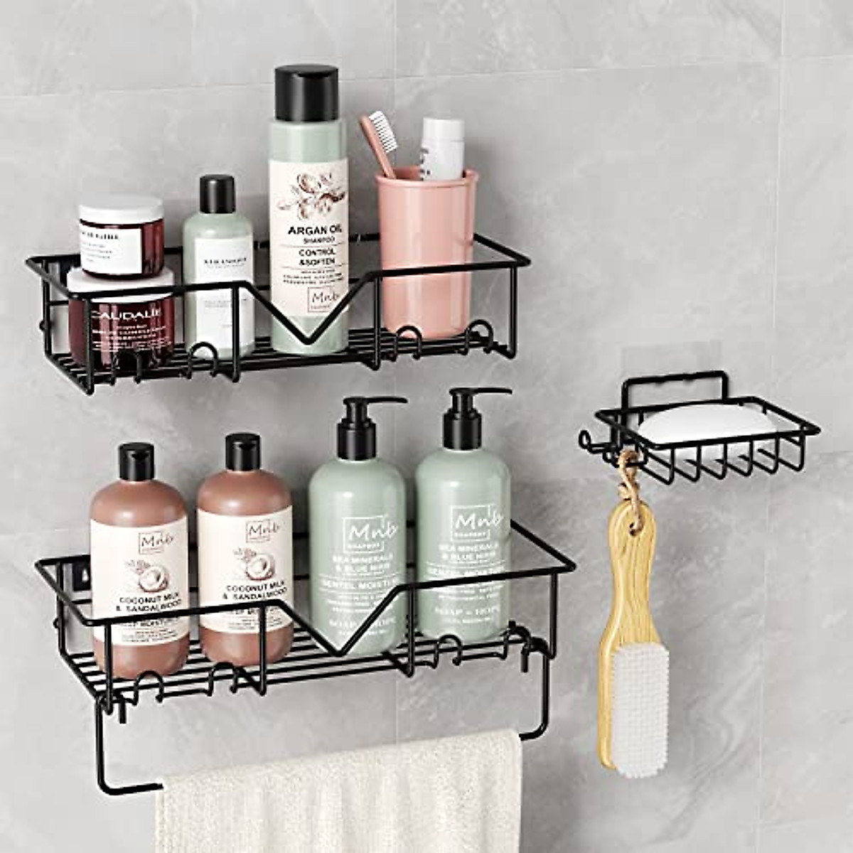 FELOOW Shower Shelf Organizer with Soap Holder Towel Bar,3 Pack No Drilling Traceless Adhesive Bathroom Storage Basket,SUS304 Stainless Steel Wall Mounted Rack for Bathroom Kitchen (Black-3Pack)
