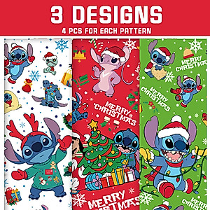 ANYMONYPF 12 Sheets Folded Christmas Wrapping Paper Stitchmas Gift Wrap Bulk Art Paper for Baby Shower Christmas Decorations Xmas Holiday Crafts Gift Packing, 20 x 30 Inch