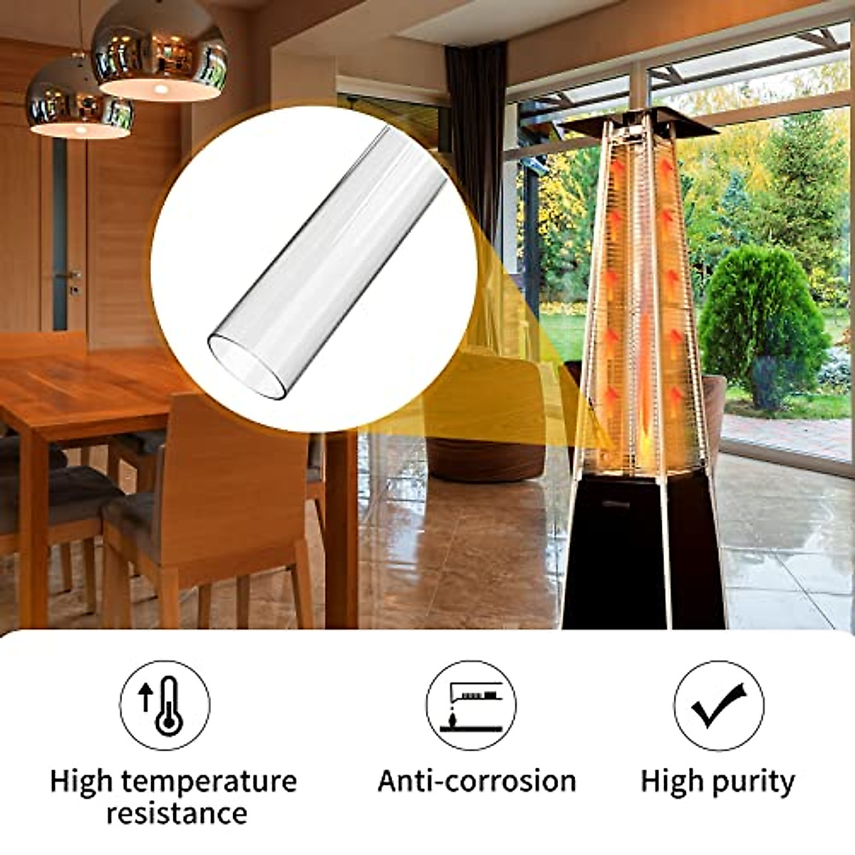 yukang Sobalai 4-Sided Pyramid Flame Heater Parts Replacement, Quartz Glass Tube, 49.5 inch Tall 4 inch Diameter, Table Top Patio Tube with Neoprene Ring Silicon Replacement (No Fit majority 3-Sided)