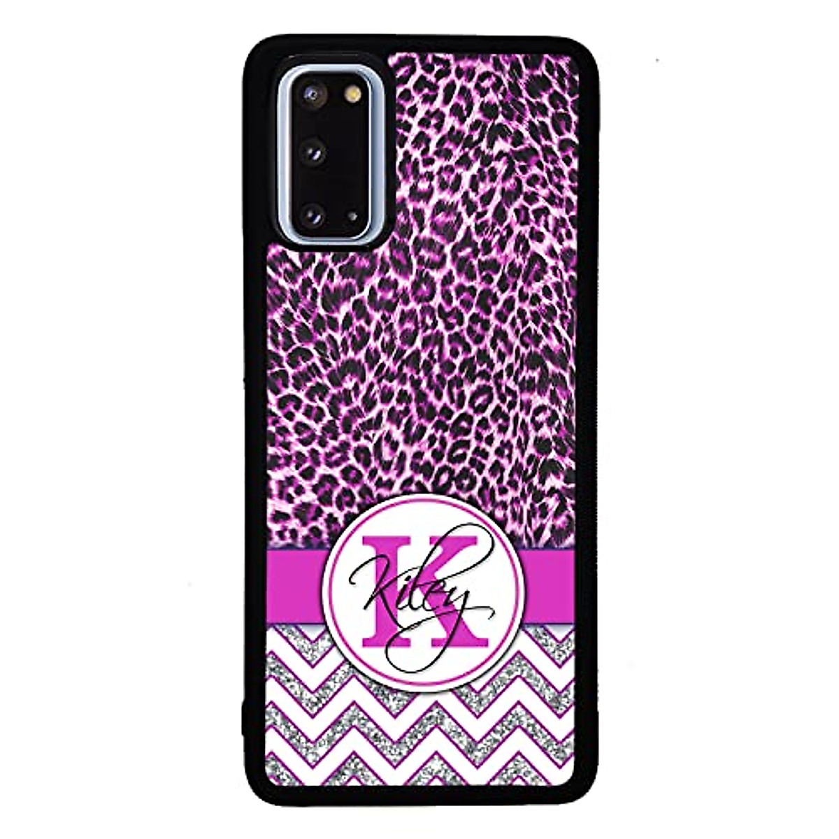 Pink Leopard Skin Personalized Black Rubber Phone Case Compatible With Samsung Galaxy S23 S23+ Ultra S22 S22+ S21 S21FE S21+ S20FE S20+ S20 Note 20 S10 S10+ S10e