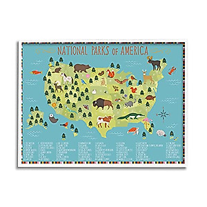 Stupell Industries Children's National Parks of America Map Animal Wildlife White Framed Wall Art, 30 x 24, Blue