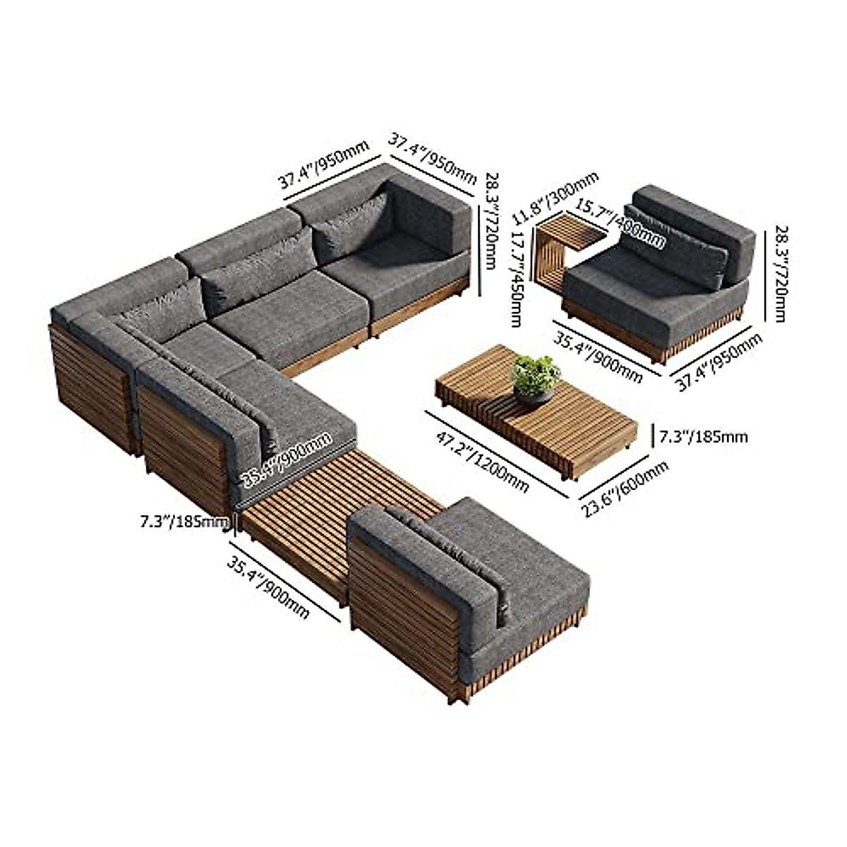 JiuZhuo 9 Pieces Outdoor Patio Furniture Sectional Conversation Set Modern L Shape Teak Outdoor Sectional Sofa Set with Wood Coffee Table in Gray(6-Pieces Sofa and 3-Pieces Table)