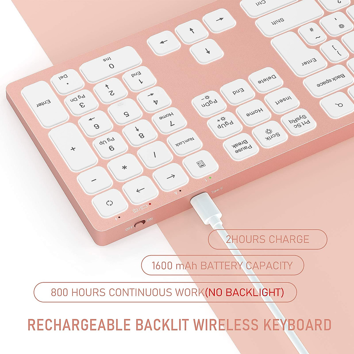 seenda Backlit Wireless Keyboard, 2.4GHz Ultra Slim Rechargeable Keyboard, Illuminated Wireless Keyboard for Computer, Laptop, Desktop, PC, Surface, Smart TV, Windows 10/8/7 (Rose Gold)