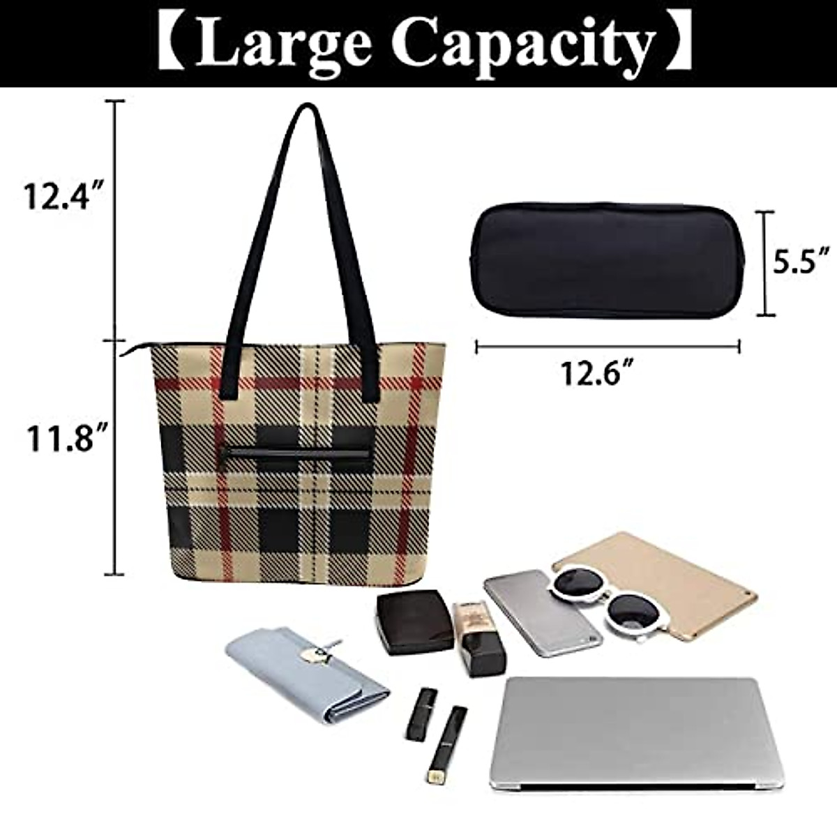 Fashion Hobo Handbags With Zipper Large Capacity Satchel Tote Bag For Women Casual Shoulder Bag Soft Leather Purse Compatible with Tartan Plaid Pattern