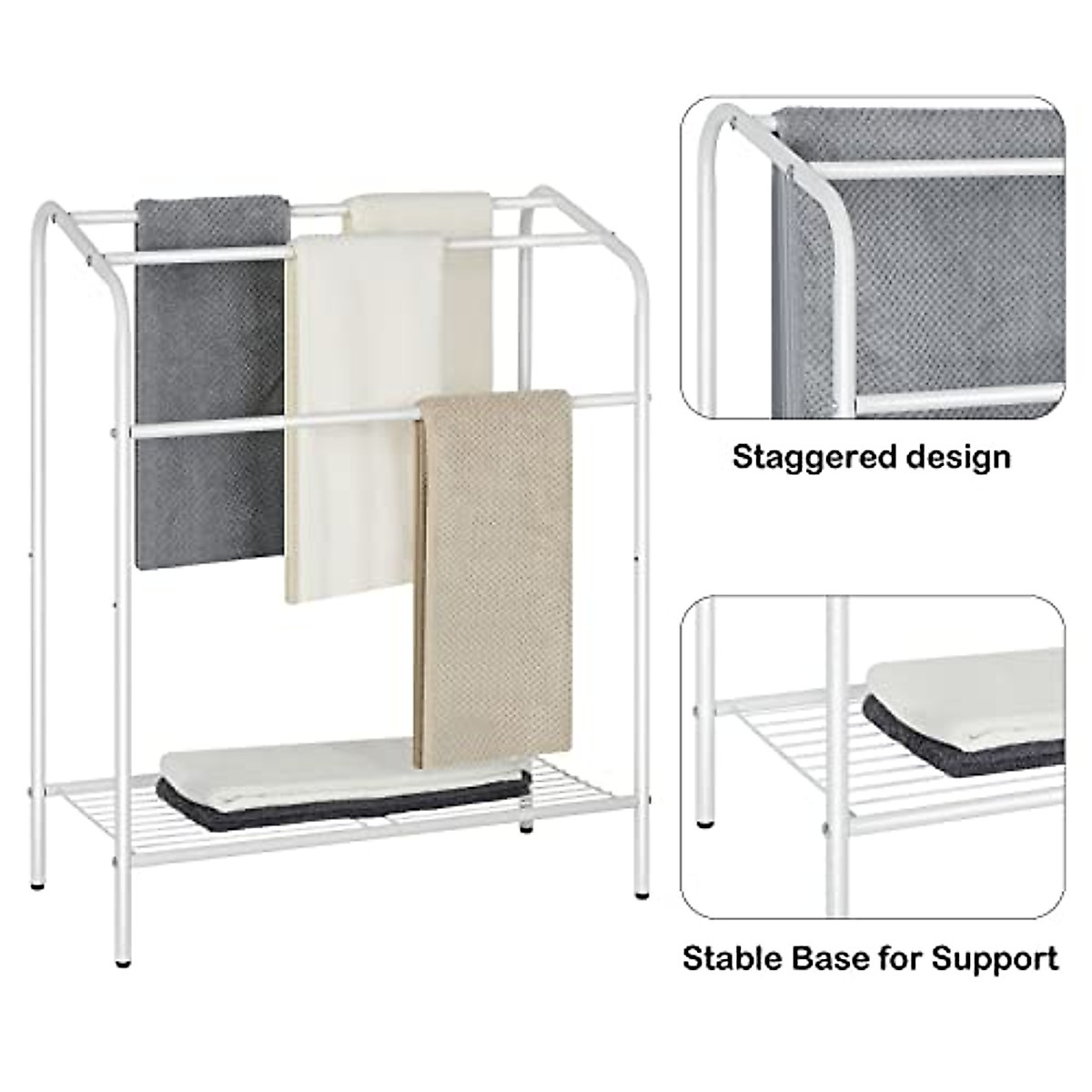 Freestanding Towel Rack White Floor Towel Rack Stand 3 Tier Bath Towel Stand Towel Bar Stand with Shelf Modern Blanket Rack Stand for Living Room Bathroom, Laundry