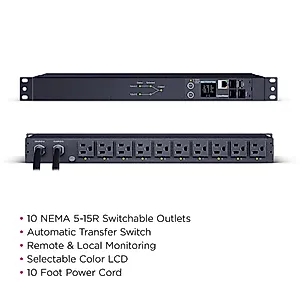 CyberPower PDU44001 Switched ATS PDU, 100-120V, 15A (Derated to 12A), 10 Outlets, 1U Rackmount