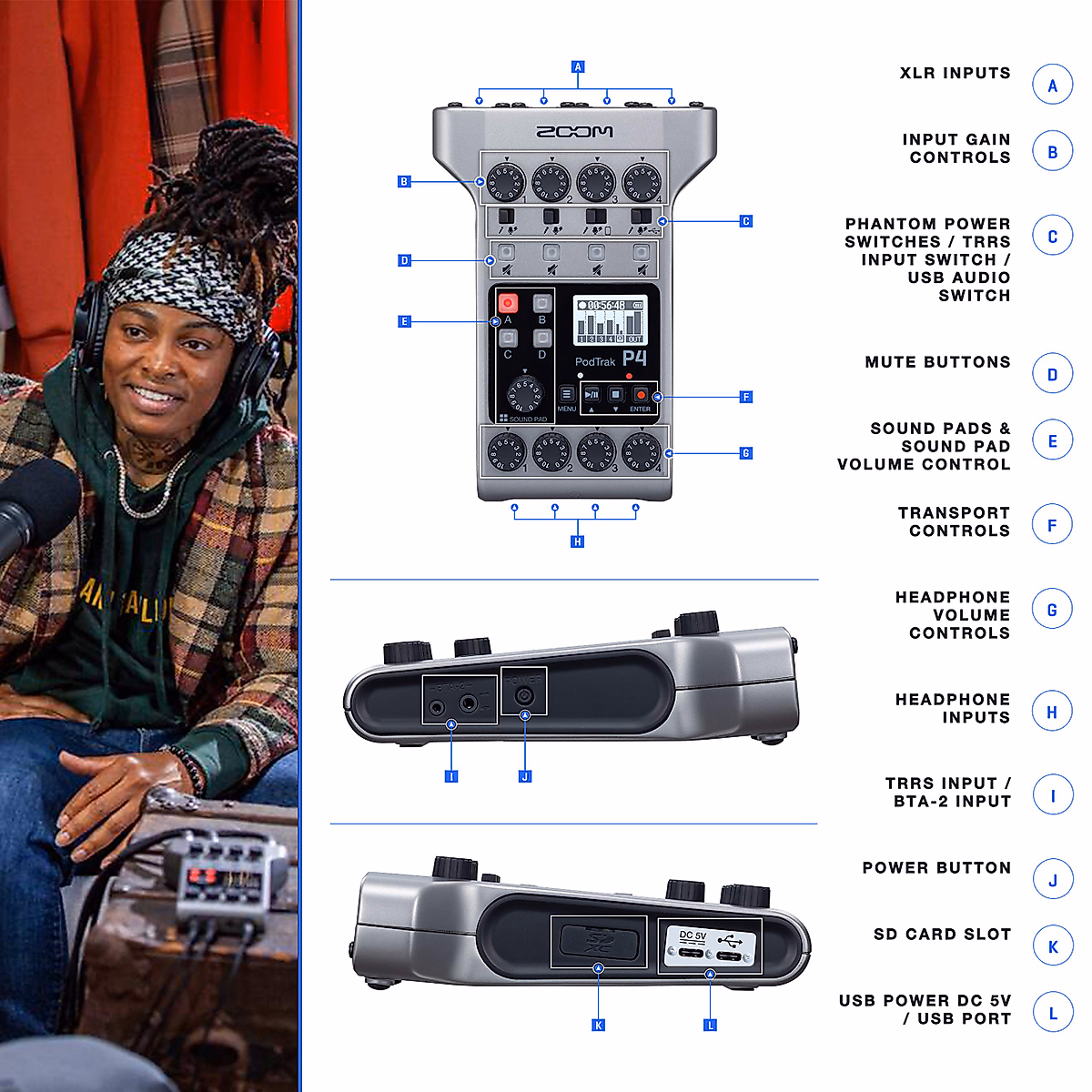 Zoom PodTrak P4 Portable Multitrack Podcast Recorder + 4x Zoom M-1 Mic + 4x Headphones + 4x Tabletop Stand + 128GB Extreme PRO SDXC Memory Card + AA Batteries and Charger – 4 Person Podcasting Bundle