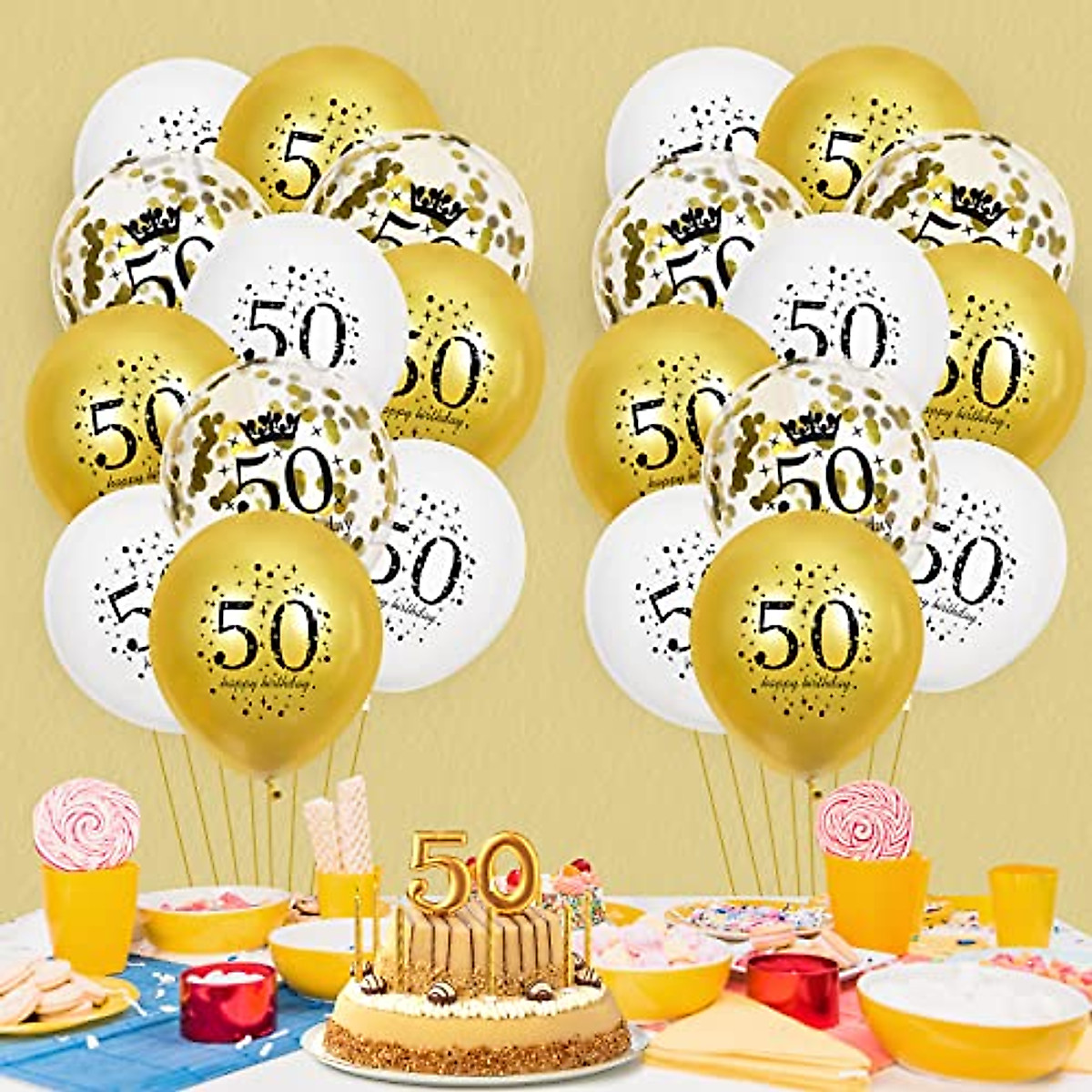 50th Latex Birthday Balloons, 15Pcs White Gold Happy 50th Birthday Balloons, White Gold 50th Birthday Party Decorations Balloons for Men Women 50th Birthday, Anniversary Decor