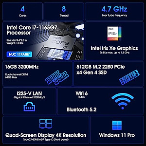 Intel NUC 11 NUC11PAHi7 Panther Canyon Mini PC, i7-1165G7, 16GB RAM, 512GB SSD, Mini Computers Windows 11 Pro for Business Home Office, Support 8K/WiFi 6/4K Quad Display/Bluetooth 5/Thunderbolt 3