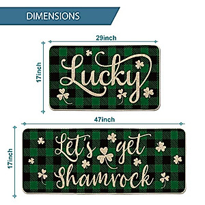 Artoid Mode Green Buffalo Plaid Let's Get Shamrock Lucky Clover Kitchen Mats Set of 2, Seasonal St. Patrick's Day Anniversary Holiday Decorations for Home Kitchen - 17 x 29 Inch and 17x47 Inch