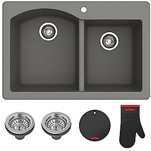 KRAUS Forteza 33-inch Drop In/Undermount 60/40 Double Bowl Granite Kitchen Sink in Grey, KGD-50GREY