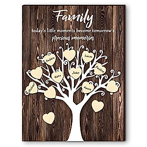 3D Family Tree Wall Decor Family Names Sign DIY Family Tree Wooden House Warming Gifts Grandparent Gift with 25 Wood Hearts and 30 Hook and Loop Stickers, 15.75 x 11.81 Inches