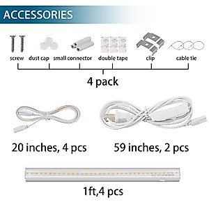 Barrina Grow Lights for Indoor Plants, Full Spectrum Sunlight, 1ft Plant Growing Lamp, LED Grow Light Bulbs, T5 Grow Light Strip, Plug and Play, Yellow, 4-Pack