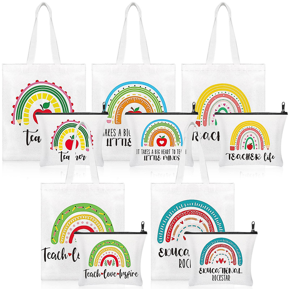 Amylove 10 Pcs Teacher Gift Bags Set Teacher Graduation Appreciation Gifts for Women Christmas Gift 5 Teacher Rainbow Canvas Totes Bag 5 Teacher Makeup Cosmetic Bags