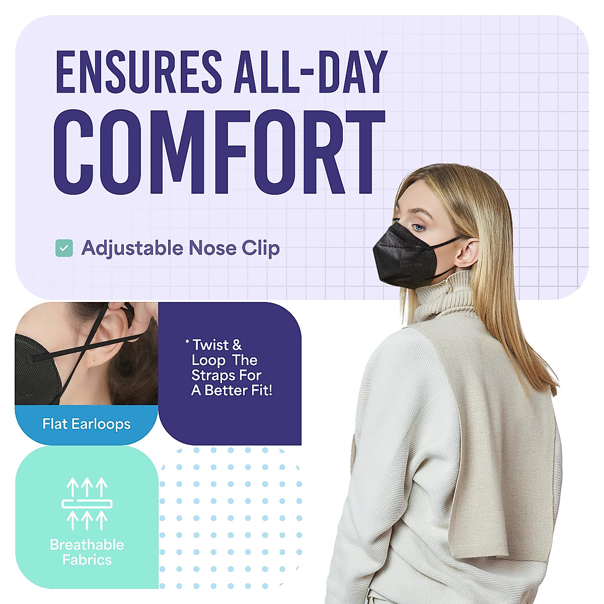 Medtecs KN95 Face Masks Disposable - Individually Wrapped, 5 Ply Protection & Extra Wide Elastic Ear Loops Design, ≧ 95% Filtration Efficiency | Mask Extender included, 50 PC - Black