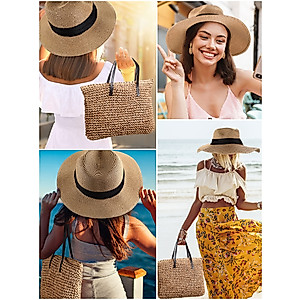 Coume Straw Large Beach Bag for Women's Woven Beach Bag and Beach Hats Set Beach Earring Handmade Shoulder Bag Handbag Bohemia Set(Khaki)