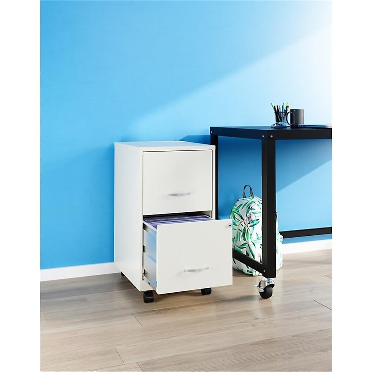 Space Solutions 2 Drawer Metal Mobile File Cabinet with Lock, Letter Size, White, Fully Assembled