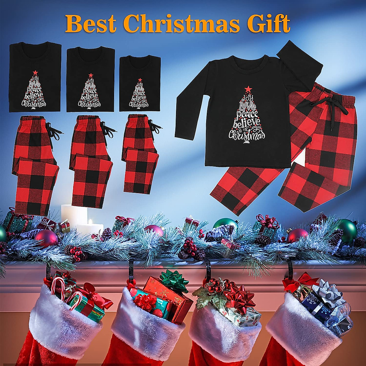 Onancehim Matching Christmas Pajamas for Family, Funny Holiday Cute Let It Snow Print Tops and Plaid Pants Xmas Sleepwear Pjs Set (Women, L, Black)