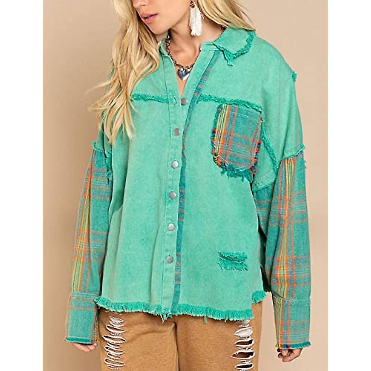 Zontroldy Denim Jean Jacket Shirt for Women Plaid Patchwork Distressed Ripped Frayed Denim Jean Jackets Shacket(0828-Green-M)