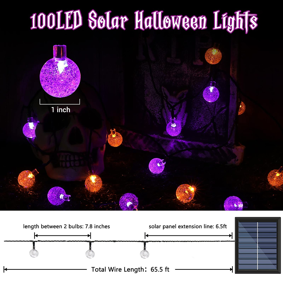 Lomotech Orange Purple Solar Halloween Lights, 72FT 100 LED Halloween Globe Lights, 8 Modes Waterproof Halloween Lights for Halloween Decoration