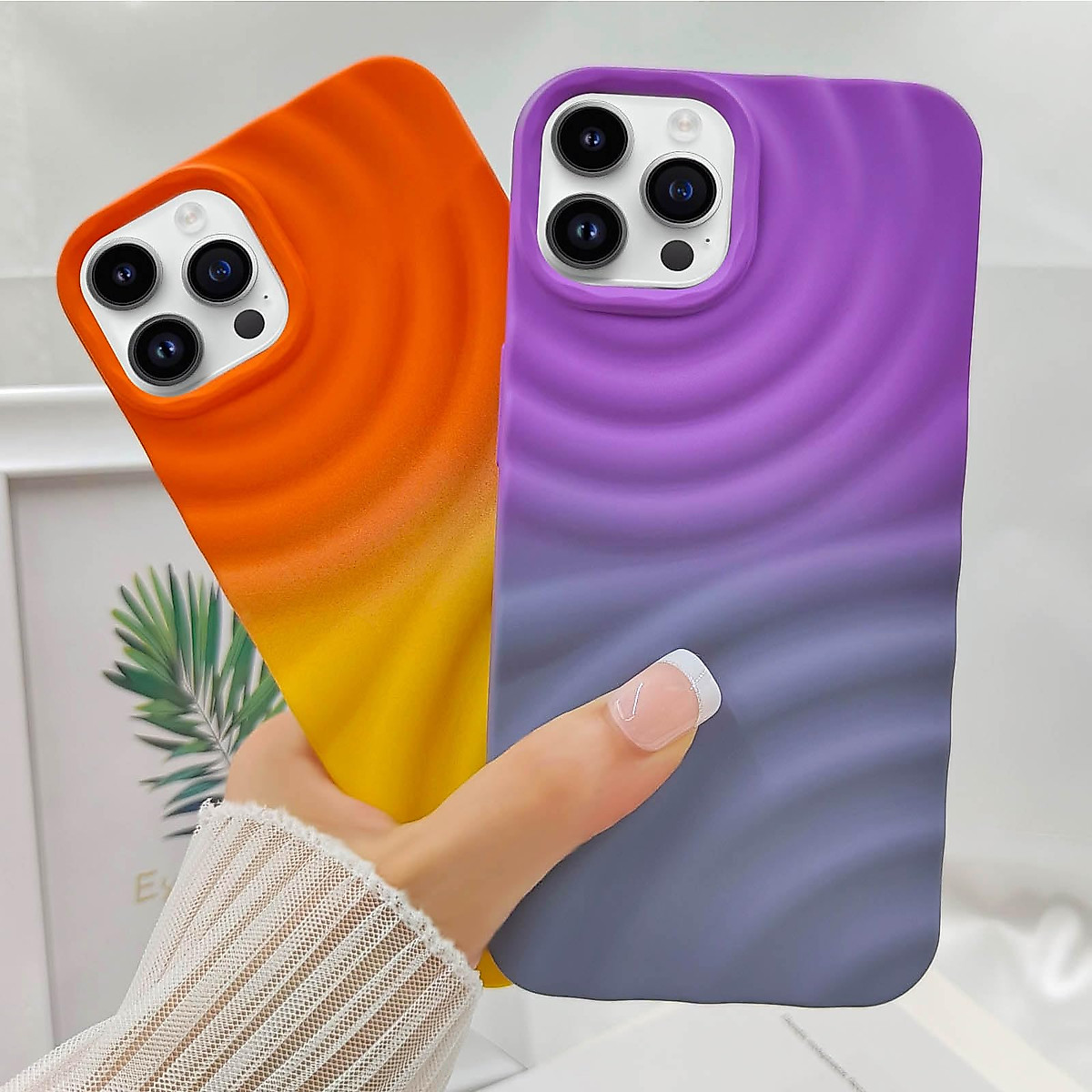 Womdakon Compatible with iPhone 13 Pro Max Phone Case Girls Cute Gradient Bicolor Crimp Wave Pattern Soft Silicone Shockproof Camera Protective Back Cover Slim Phone Case for Women - Purple Gray