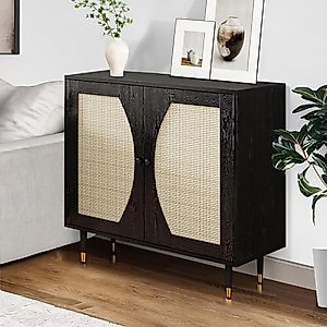 4 EVER WINNER Rattan Sideboard Cabinet with Handmade Natural Rattan Doors, Coffee Bar Storage Cabinet with 4 Solid Wood Table Legs, Bohemian Style Accent Cabinet Console Table for Hallway, Entryway