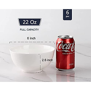 DELLING Ultra-Strong 22 Ounce Soup Bowls, Cereal Bowl, 6 inch Bowls Set, White Ceramic Bowls, White Bowls for Kitchen, Snack Rice Pasta Salad Oatmeal, Set of 6, Dishwasher & Microwave Safe