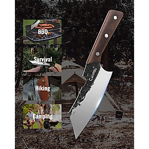 Meat Cleaver Knife High Carbon Steel Hand Forged Kitchen Chef Knives 7 Inch Full Tang Viking Knife with Sheath Butcher Boning Knife for Meat Cutting Outdoor Camping BBQ