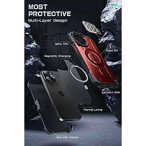 SUPCASE for iPhone 14/13 Pro Max Case with Camera Cover Stand, [MagSafe Compatible] [Built-in Belt Clip] Heavy Duty Magnetic Phone Case, Ruddy