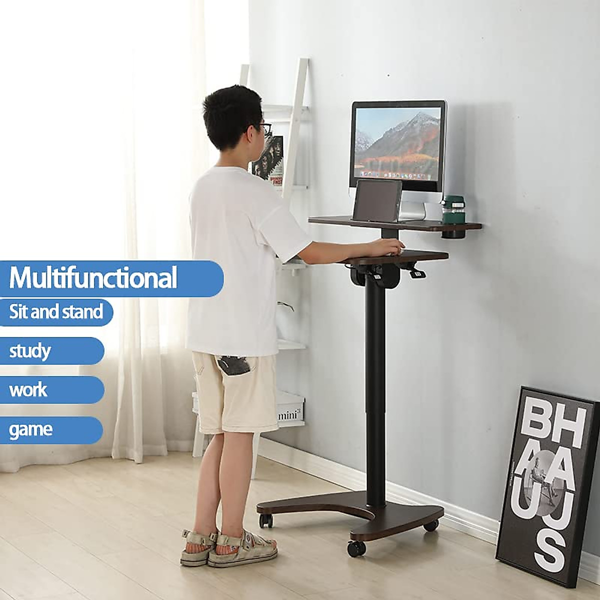 TORRAINAKE Dual Tiered Mobile Standing Desk with Cup Holder and Tilting Podium, Portable Sit Stand Lectern with Height Adjustments and Rolling Base for Small Spaces - Brown.