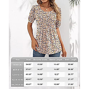 Ficerd Women's Puff Short Sleeve Tunic Tops Pleated Crew Neck Blouses Dressy Casual Loose Spring and Summer T-Shirts (Pink Flower, Medium)