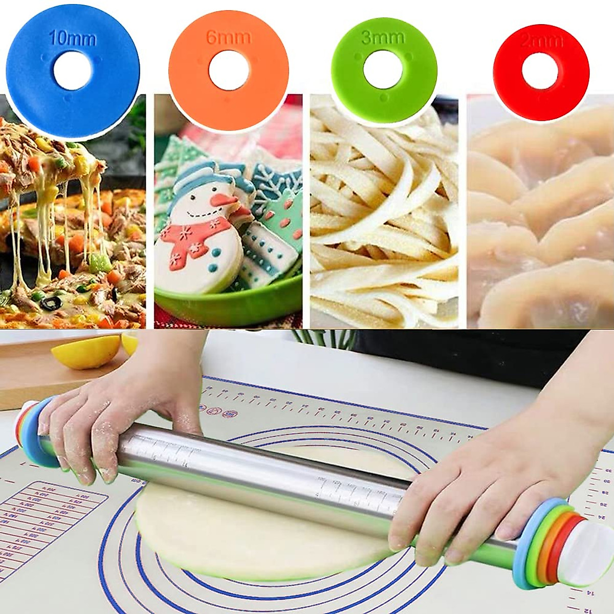 Rolling Pin, Silicone Baking Pastry Mat, Smooth Stainless Steel Roller, 4 Removable Adjustable Thickness Non Stick Rings Rolling Pins for Baking Dough, Pizza, Pie, Pastries, Pasta, Cookies, 2 Pcs