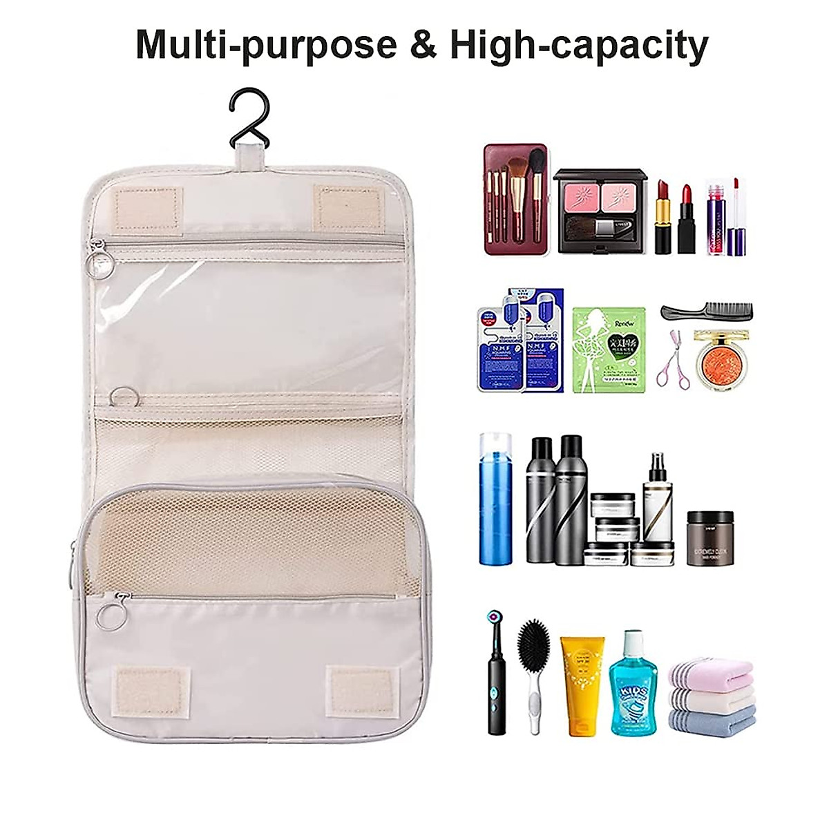 Fxkoolr Toiletry Bag for Women Hanging Makeup Bags Organizer Travel Bag for Toiletries Cosmetic Bag Waterproof Bathroom Shower Bag with Hook (Beige)