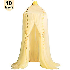 Jolitac Princess Bed Canopy for Girls Room Decor Round Lace Mosquito Net Play Tent Reading Nook Canopies Yarn Girl Dome Netting Castle (Yellow)
