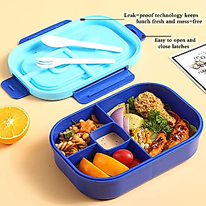 Mr.Dakai Bento Lunch Box for Kids Go to School, Adults Work, BPA-Free 4 Compartment Lunch Box Containers with Utensil Set, Leak-Proof Salad Snack Boxes, Microwave and Food-Safe Materials, Blue