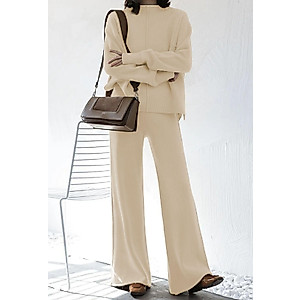 Linsery Womens Tracksuits Winter Casual Two Piece Set Women Knitted Loose Sweater Pullover Top Wide Leg Pants Suit Outfit Apricot Medium