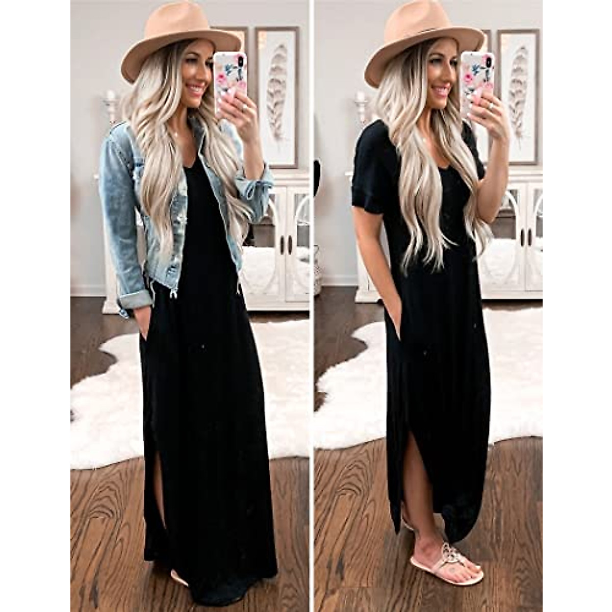 Ekouaer Plus Size Night Gowns for Women V Neck Sleepwear Cotton Knit Loungers Comfort Nightgown with Pockets (Black,XX-Large)