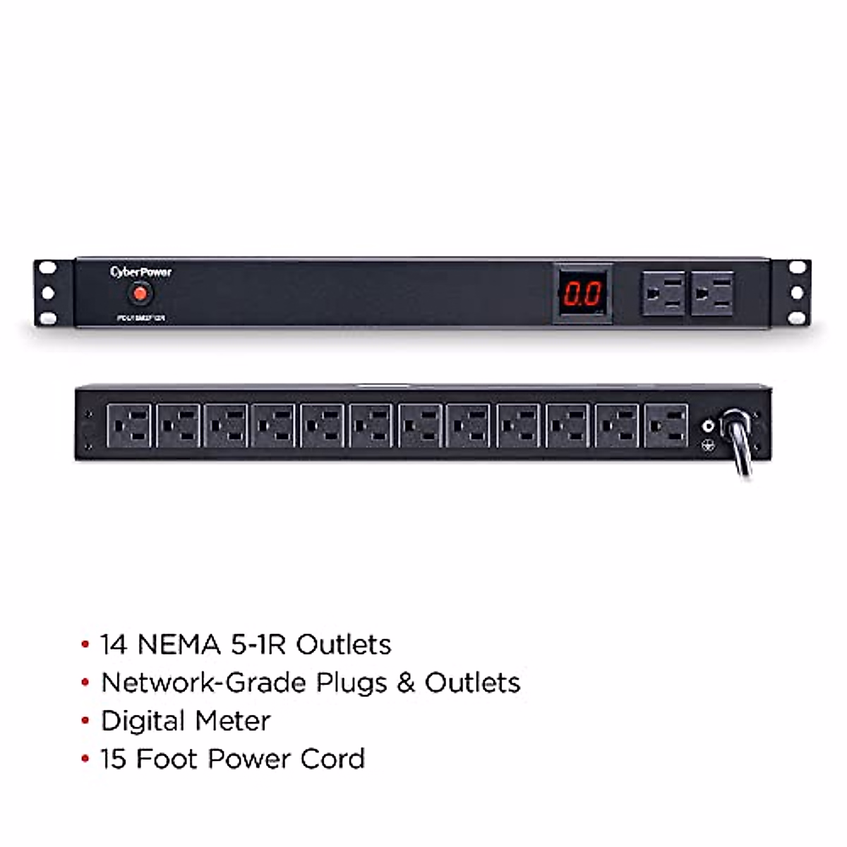 CyberPower PDU15M2F12R Metered PDU, 100-125V/15A (Derated to 12A), 14 Outlets, 1U Rackmount, 15 Foot Power Cord