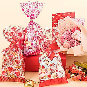 Whaline 150 Pieces Valentine Cellophane Treat Bags Heart Prints 4 Style Clear Cello Candy Bags with 150Pcs Twist Ties Mixed Heart Plastic Goody Gift Bags for Valentines Wedding Party Supplies
