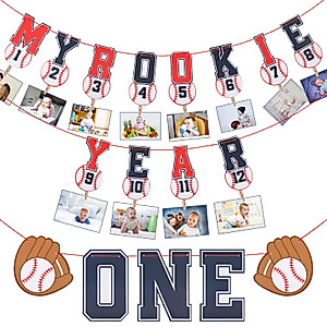 2 Pcs 1st Birthday Monthly Photo Banner Rookie of the Year 1st Birthday Banner Kid's 1st Year Picture Banner One Birthday High Chair Banner Sports Party Supplies Shower Decorations (Baseball)