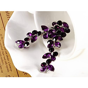 Alilang Metal Tone Grape Colored Stone Embellished Flower Leaves Dangling Earrings, Purple
