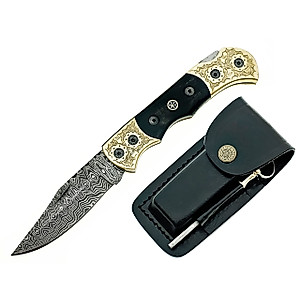 Damascus Steel Blade Folding Pocket Hunting Lock Knife With Real Leather Sheath For Camping Fishing Outdoor. SM106