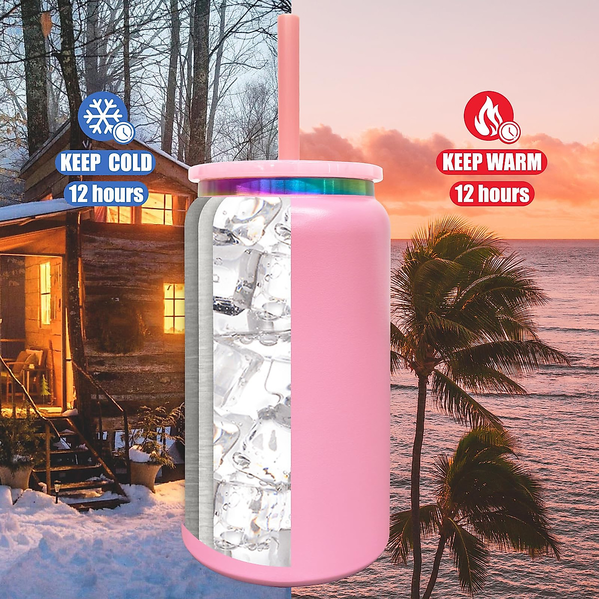 Glass Cups with Lids and Straws, 16 oz Stainless Steel Cups, Insulated Skinny Tumbler, Powder Coated Travel Mugs for Laser Engrave, Iced Coffee Cup for Smoothie Water DIY Gift (Pink,1 pack)