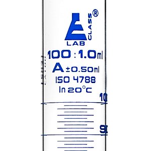 EISCO Graduated Cylinder, 100ml - Class A Tolerance ±0.50ml - Hexagonal Base - Blue Graduations - Borosilicate 3.3 Glass