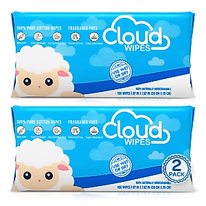 Cloud Wipes Pure Dry Cotton Baby Wipes Soft Durable Unscented Cloth Tissue for Sensitive Skin (2-Pack 200 Count)