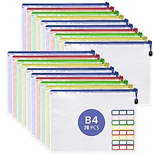 Omnifense 20pcs File Document Pouch B4 Letter Size, Versatile Mesh Plastic Zipper Bag for Office Supplies, School Stationery, Travel Organization, and Toy Storage, Waterproof Materials