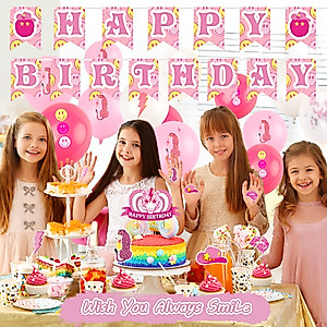 114 Pcs Preppy Birthday Decorations, Preppy Party Decorations, Preeppy Happy Birthday Banner, Preppy Balloons, Cute Preppy Stickers Hanging Swirls Cupcake Toppers Sparkling Fringe Curtain