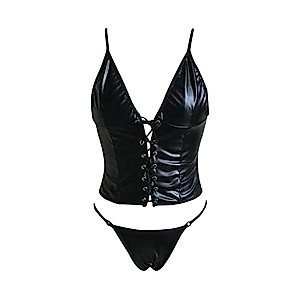 Lingerie for Women Sexy Naughty PU Leather Long Sleeve Front Zipper Babydolls Wet Look Clubwear Mini Dress Chemises Teddies